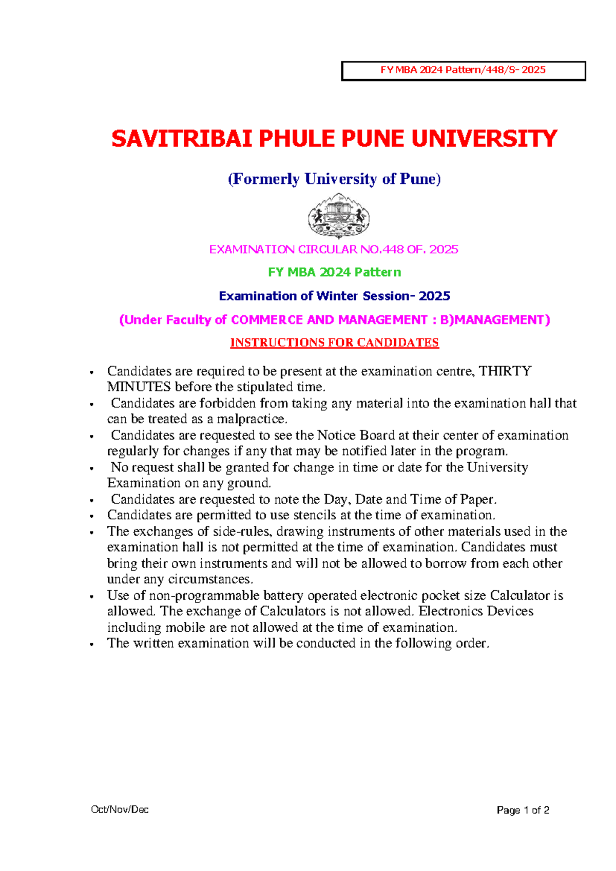 FY MBA 2024 Winter 2025 Exam Instructions & Time Table - Studocu