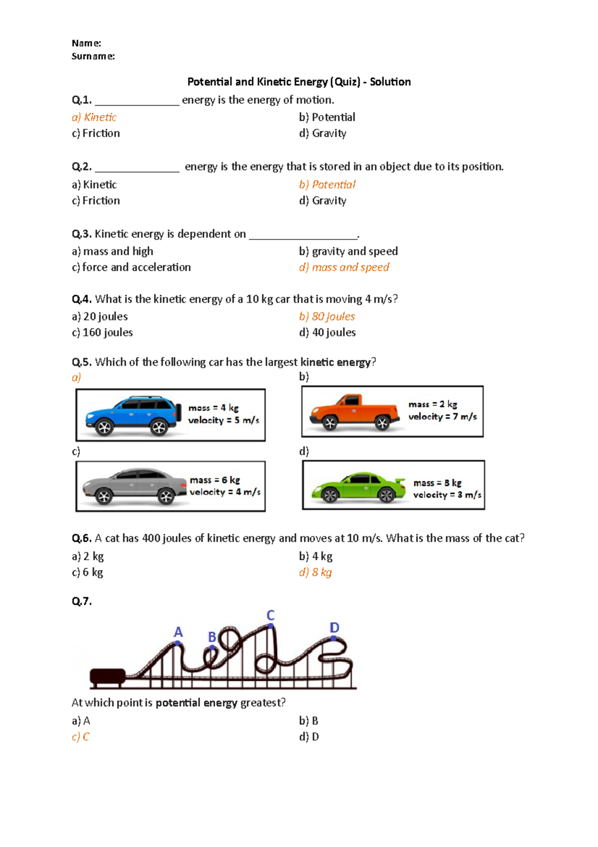 Kinetic & Potential Energy Quiz Answer Key (Science 101) - Studocu