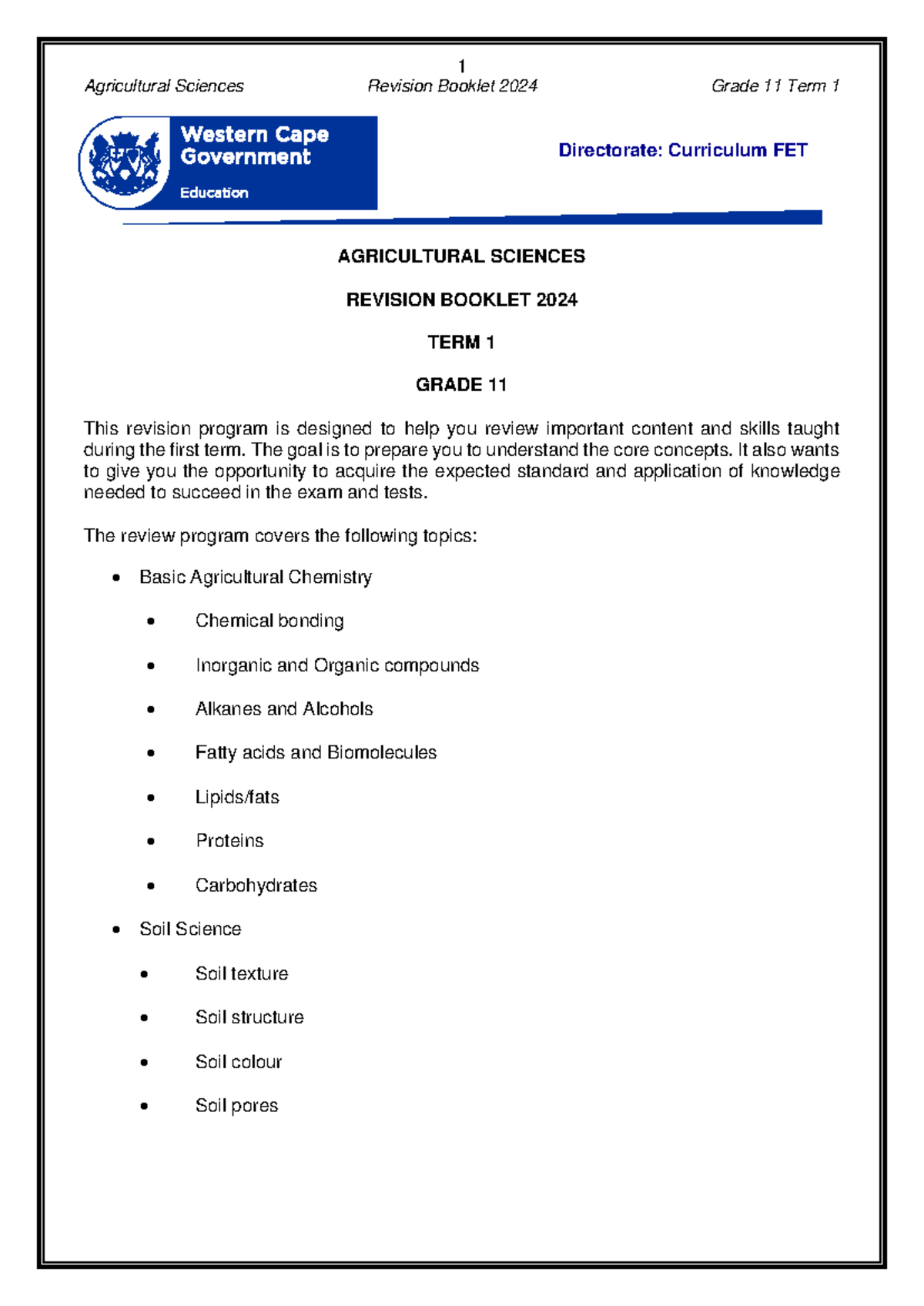 Grade 11 Agricultural Sciences Term 1 Revision Booklet 2024 ENG - Studocu