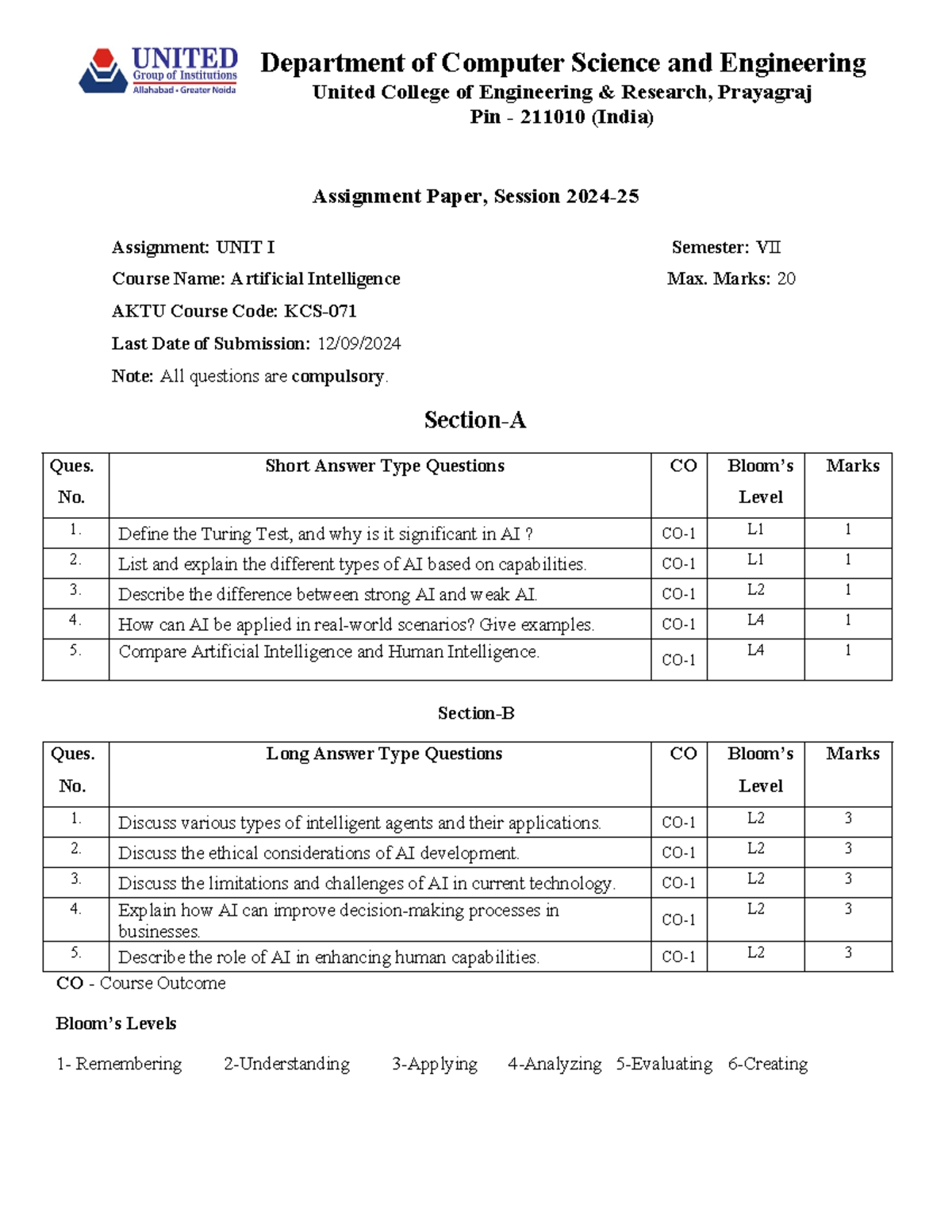 AI UNIT I Assignment - Department of Computer Science and Engineering ...