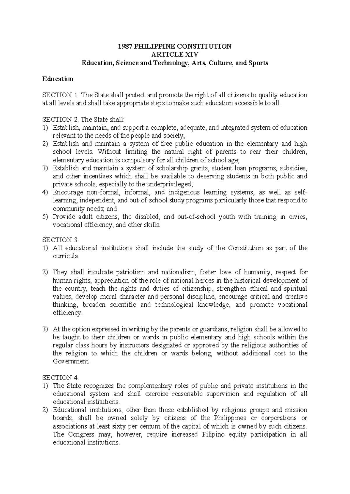 1987 Philippine constitution article XIV: Education, science, and ...