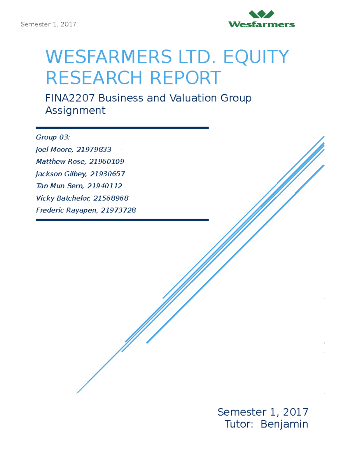 FINA2207-Sem1 2017-Group 03-Wesfarmers Ltd Equity Research Report - Studocu