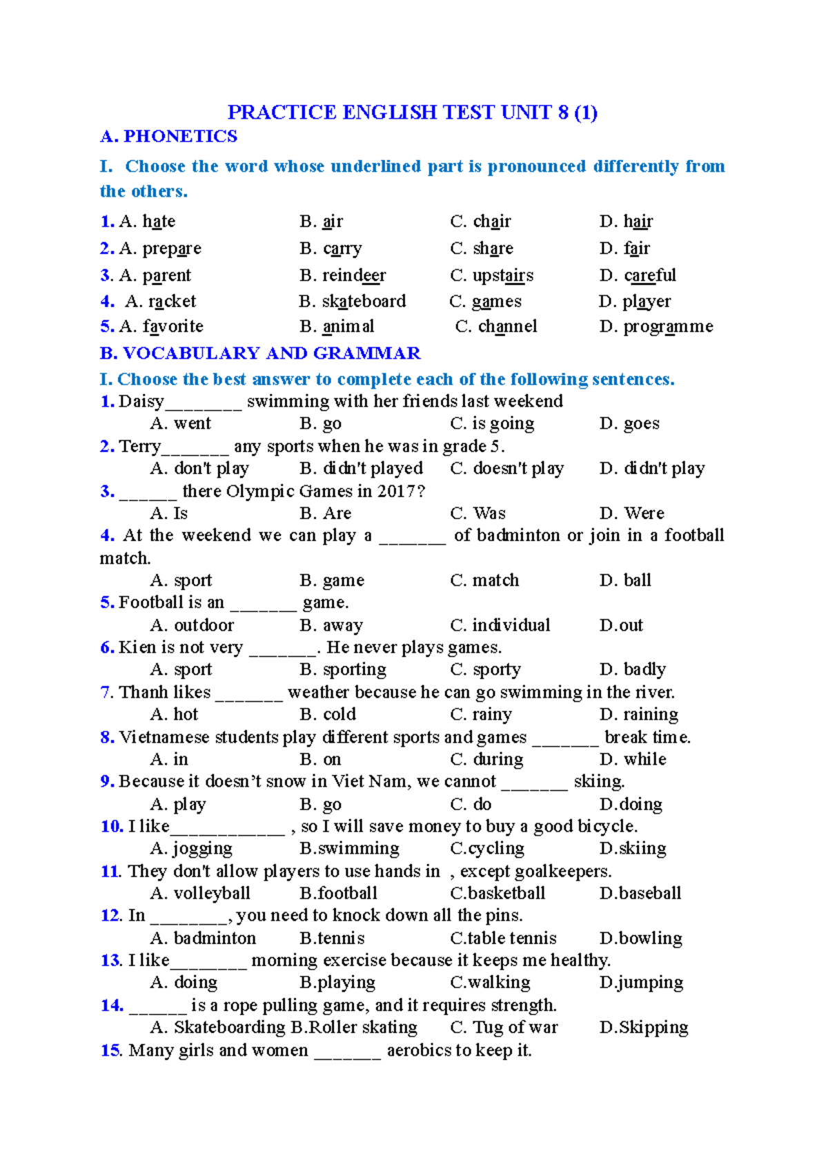 Unit 8 - English Phonetics, Vocabulary, and Grammar Exercises - Studocu