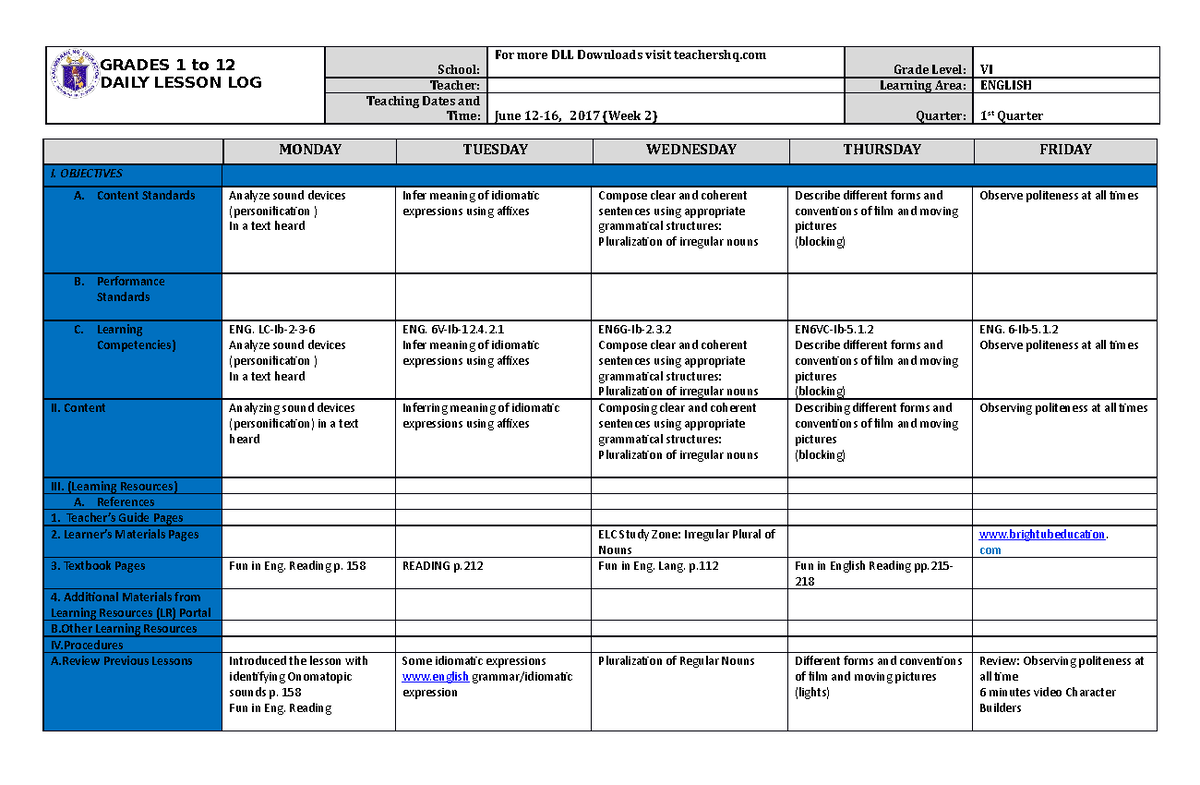 Grade 6 DLL English Q1 Week 2: Sound Devices & Sentence Structure - Studocu