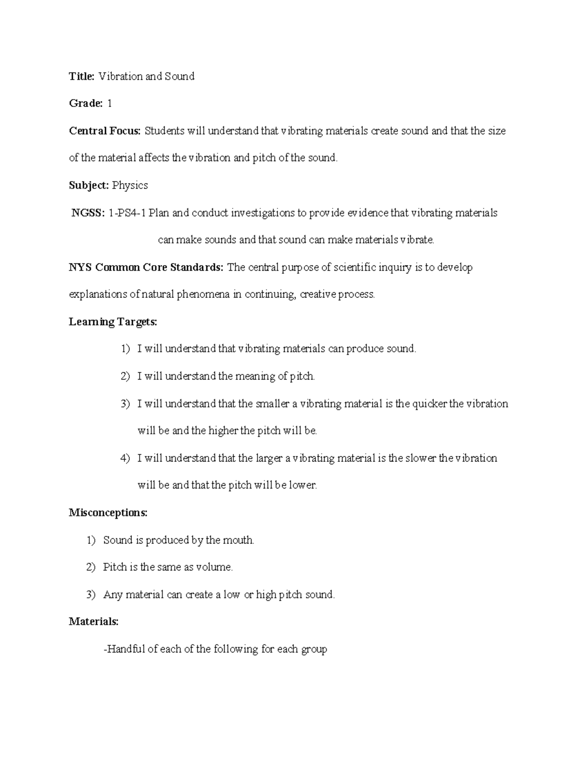 Science Vibration and Sound - Title: Vibration and Sound Grade: 1 ...