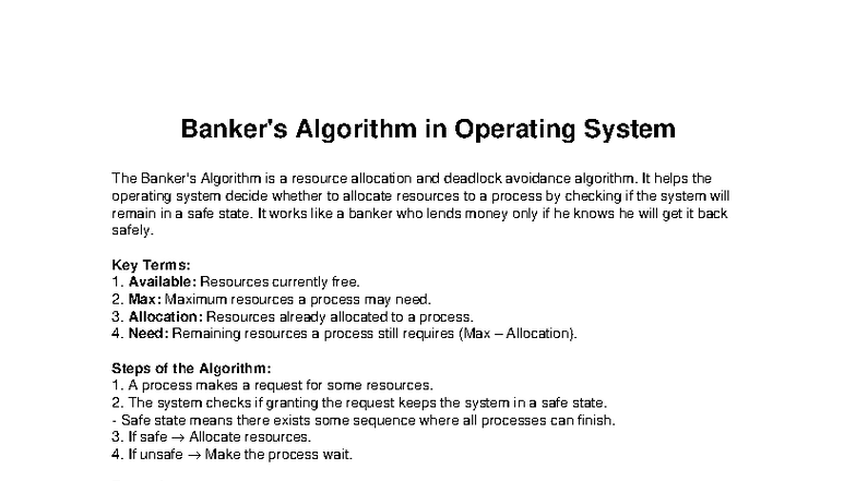 Banker's Algorithm in OS: Resource Allocation & Deadlock Avoidance - Studocu