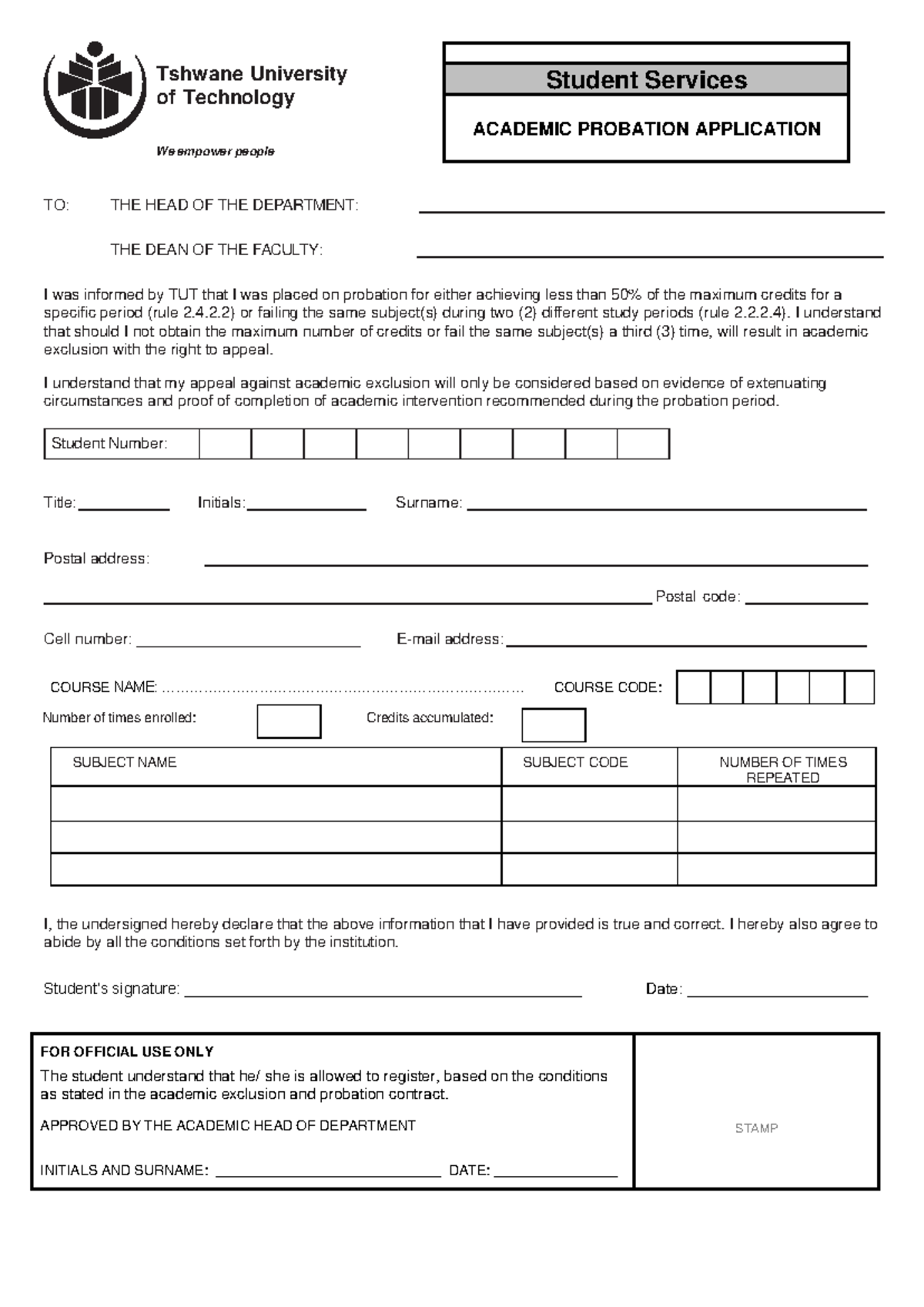 TUT Academic Probation Application - Important Guidelines and Info ...