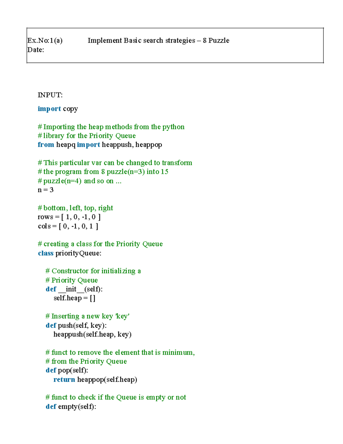 Ad3311 - AI Lab Manual: Search Strategies in 8 Puzzle, Queens ...