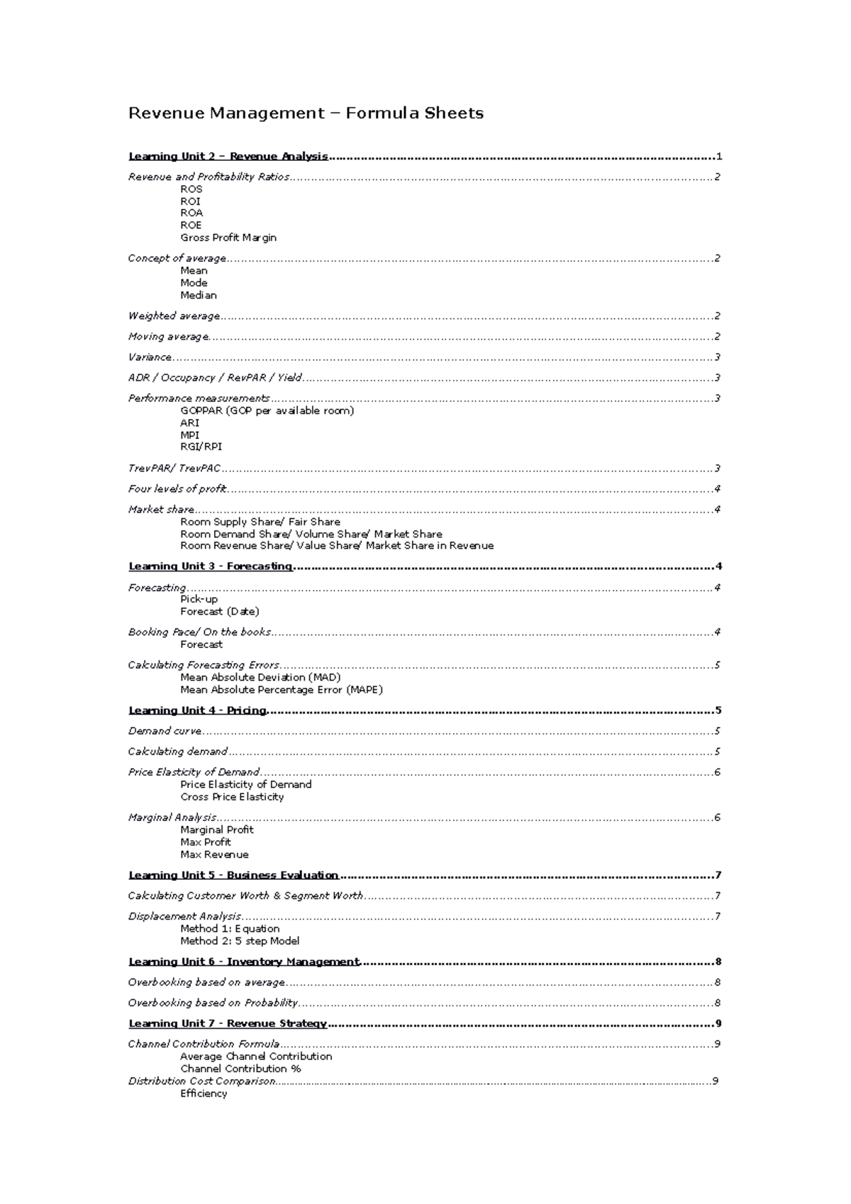 Revenue Management Formulas: Unit 2-6 Cheat Sheet for RM 101 - Studeersnel