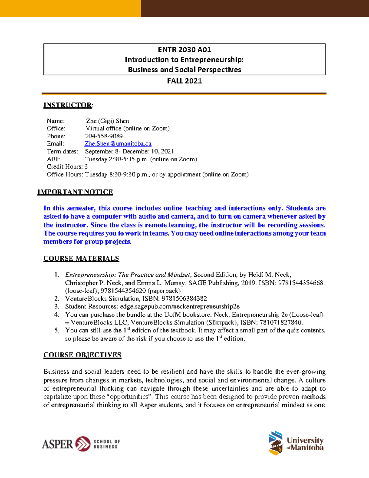 Course Outline - ENTR 2030 A Introduction to Entrepreneurship: Business ...