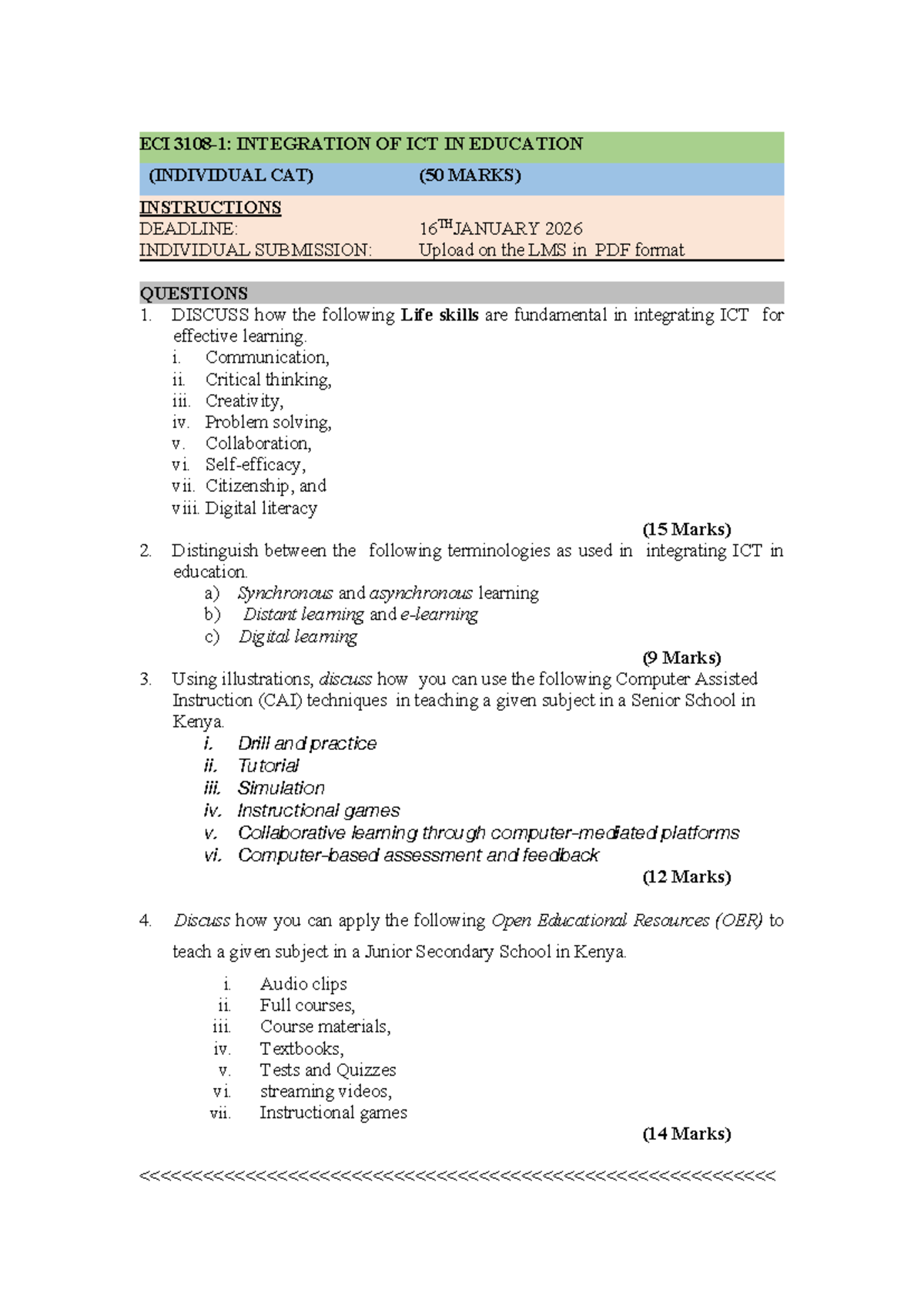 ECI 3108 Individual CAT: ICT Integration in Education (50 Marks) - Studocu
