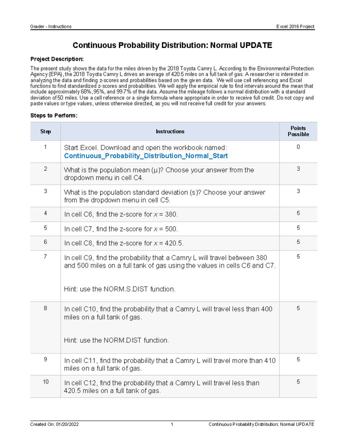 Excel 2016 Project: Continuous Probability Distribution Analysis - Studocu