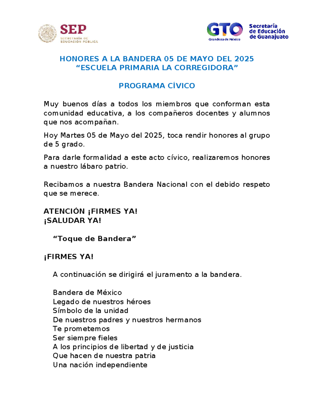HONORES A LA BANDERA - ACTO CÍVICO 5° GRADO - 05 MAYO 2025 - Studocu