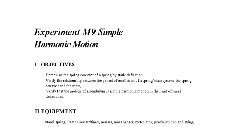 151-M9 Simple Harmonic Motion Experiment: Spring Constant & Pendulum ...