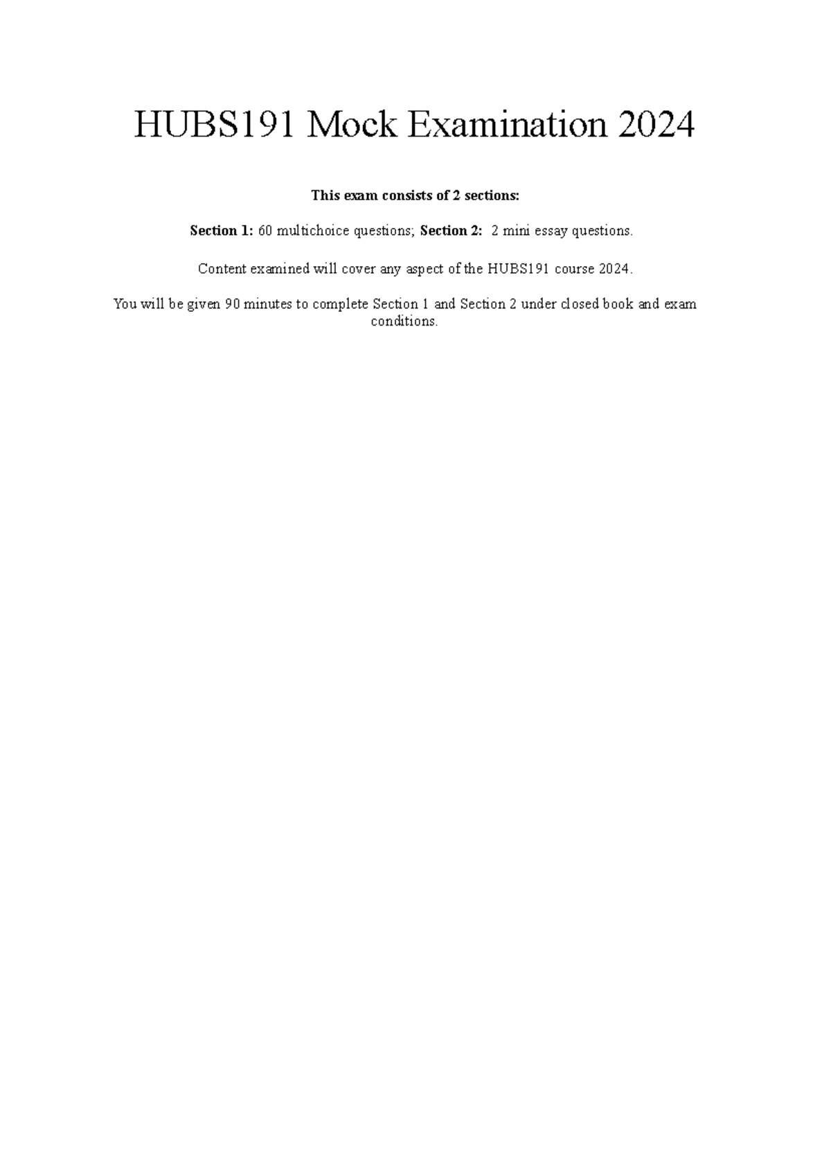 HUBS191 Mock Exam 2024: MCQs & Mini Essay Questions Review - Studocu
