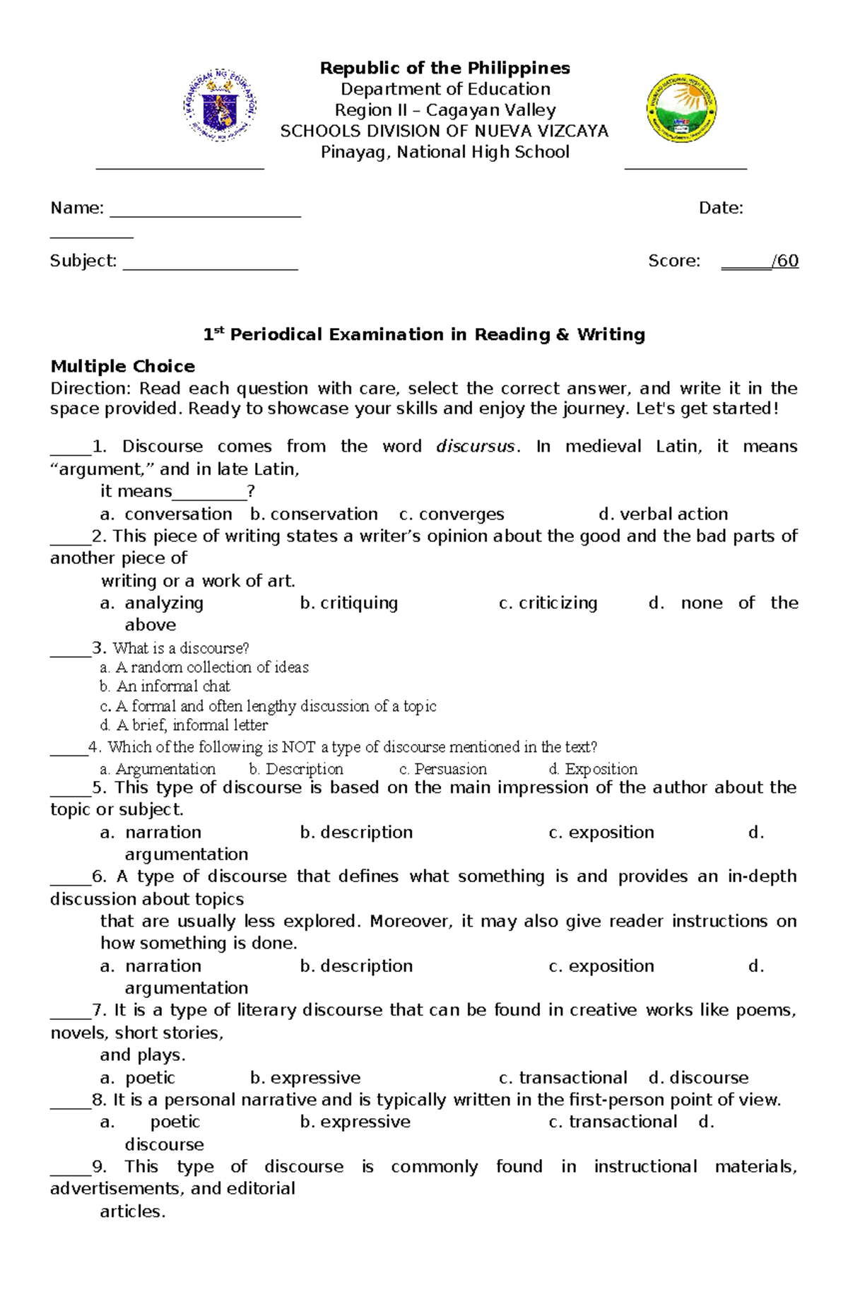 Reading & Writing - 1st Quarter Exam Questions and Answers - Studocu
