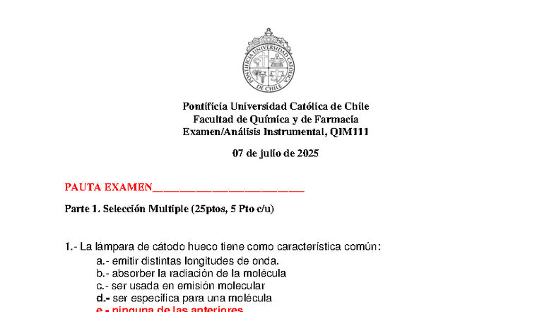 Examen PAUTA Instrumental 2025 - Parte 1 y 2: Selección Múltiple y ...