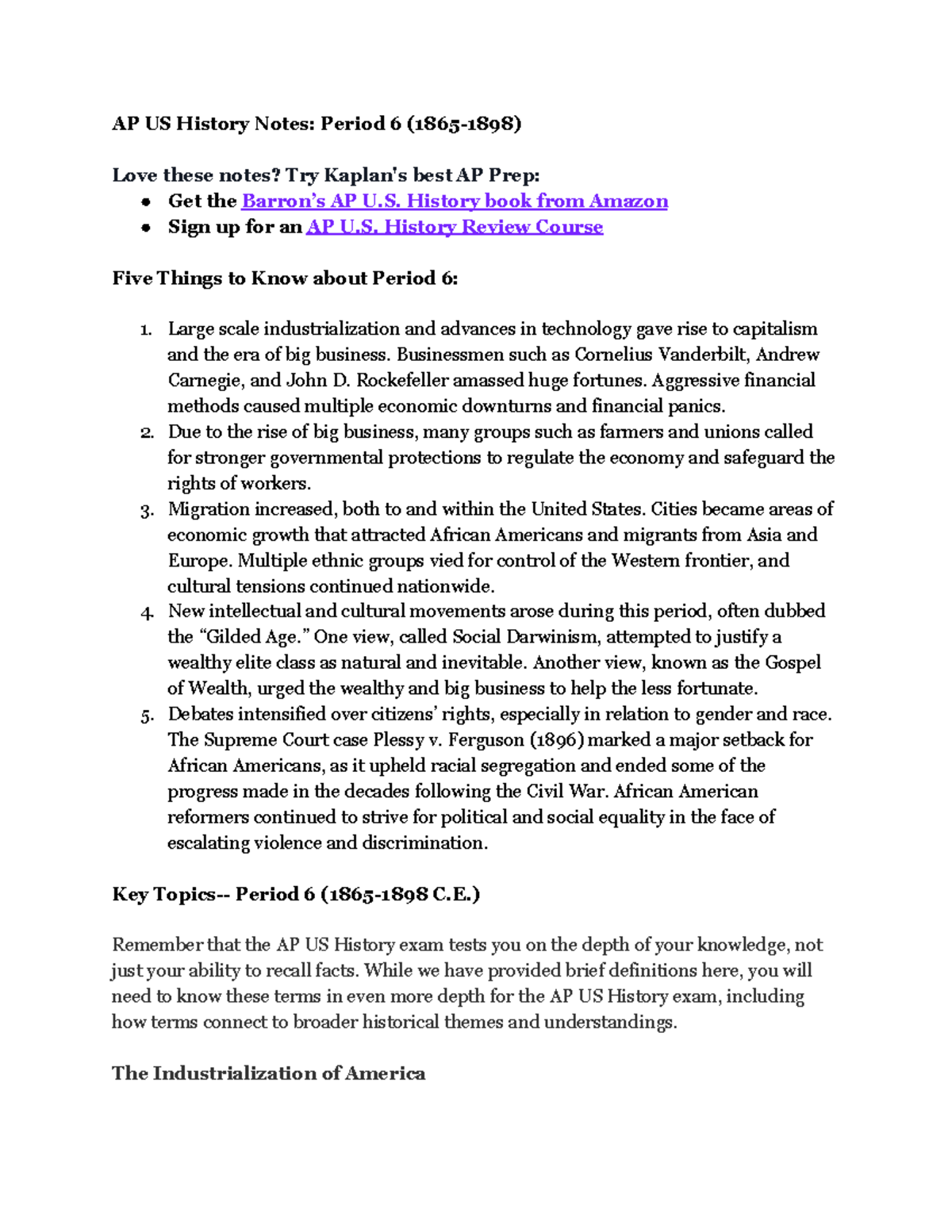 APUSH Notes: Period 6 (1865-1898) - Industrialization & Social Change ...