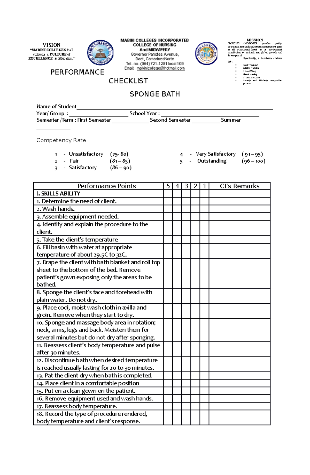 Sponge Bath Performance Checklist - Competency Evaluation Form - Studocu