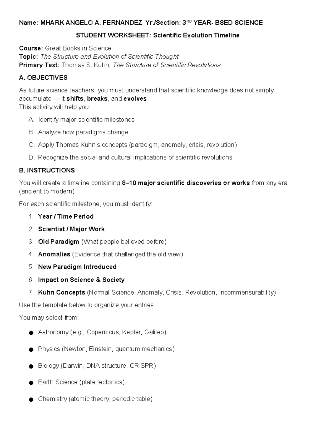 Worksheet: Evolution of Scientific Thought (BSED 3rd Year) - Studocu