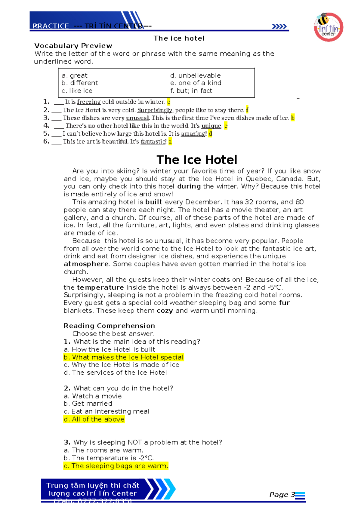 Ice Hotel Vocabulary and Comprehension Practice - Trí Tín Center - Studocu