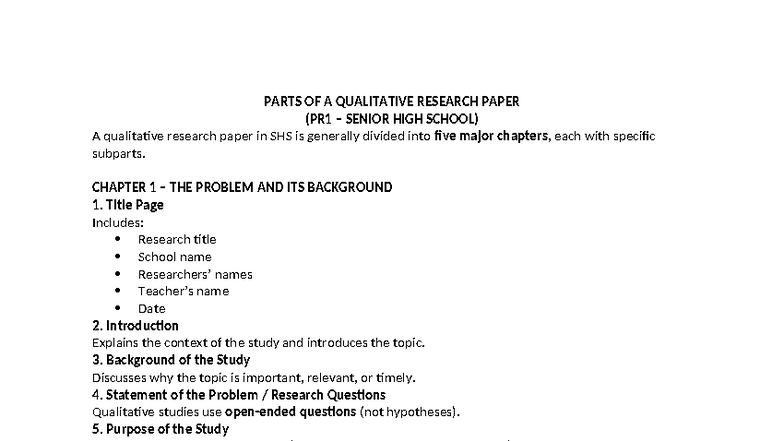 Parts of a Qualitative Research Paper (PR1 Senior High School) - Studocu