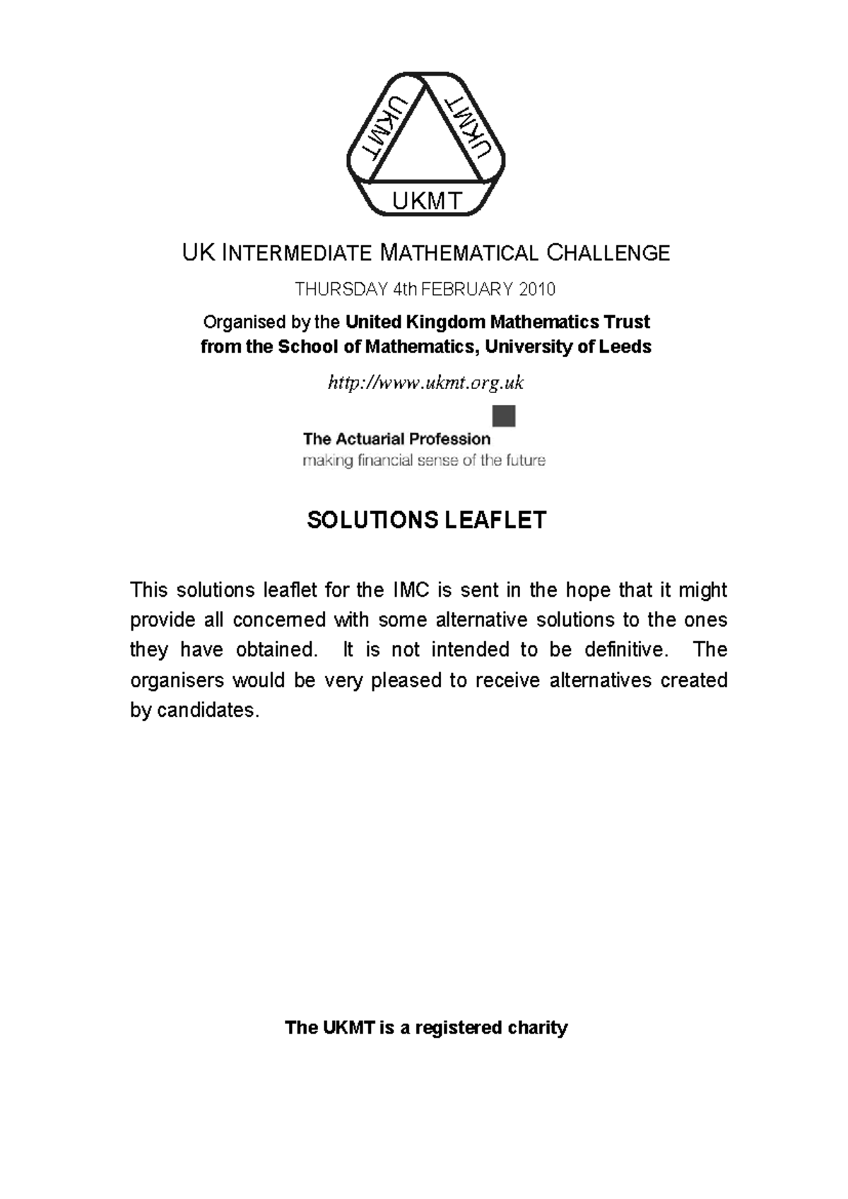 IMC2010 Solutions Leaflet for Intermediate Mathematical Challenge - Studocu