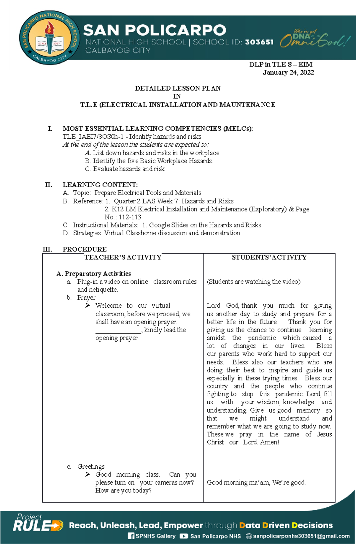 DLP in TLE 8 - EIM Lesson Plan on Hazards and Risks - Studocu