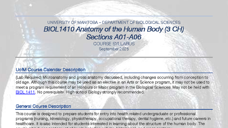 BIOL1410 Anatomy of the Human Body Syllabus - Fall 2025 - Studocu