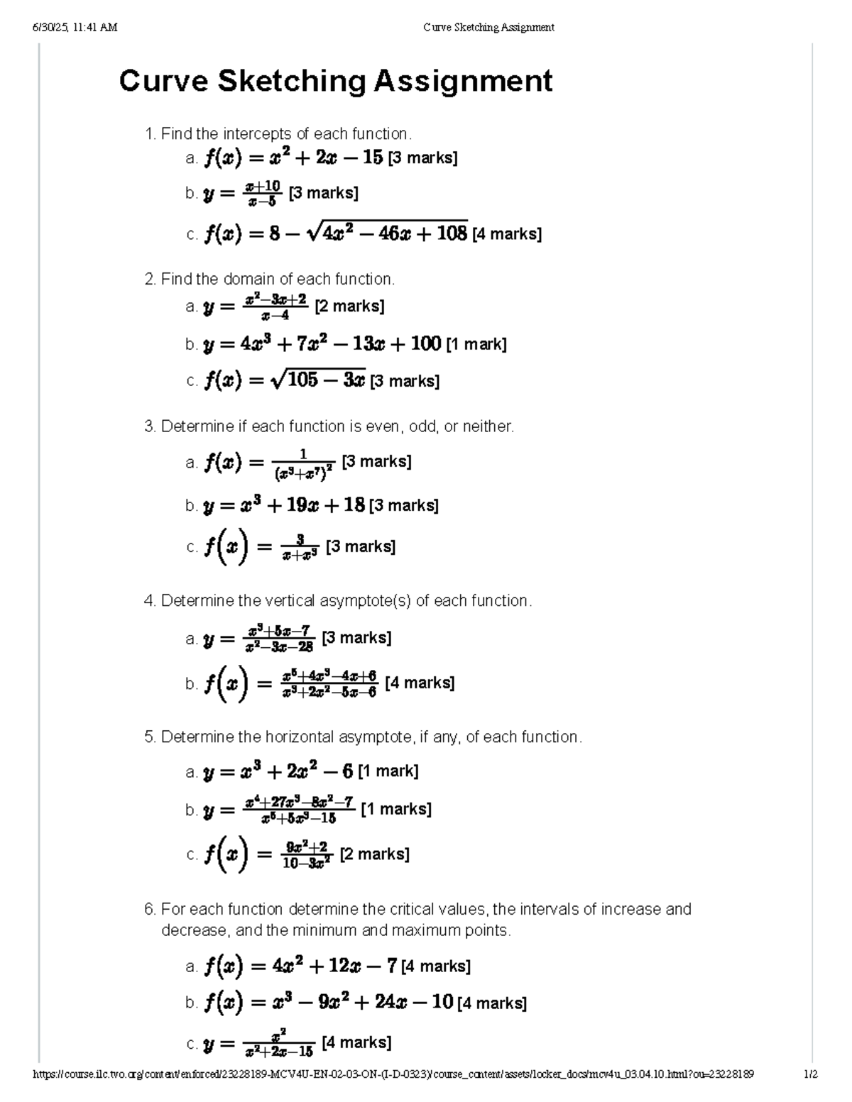 Curve Sketching Assignment (MATH 101) - Studocu