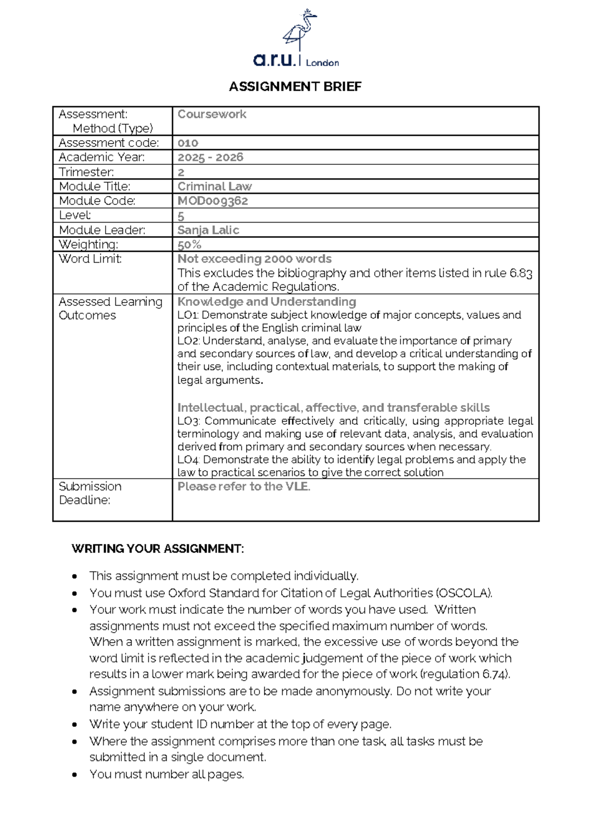 Criminal Law Assignment MOD009362 - Coursework Guidelines 2025-2026 ...