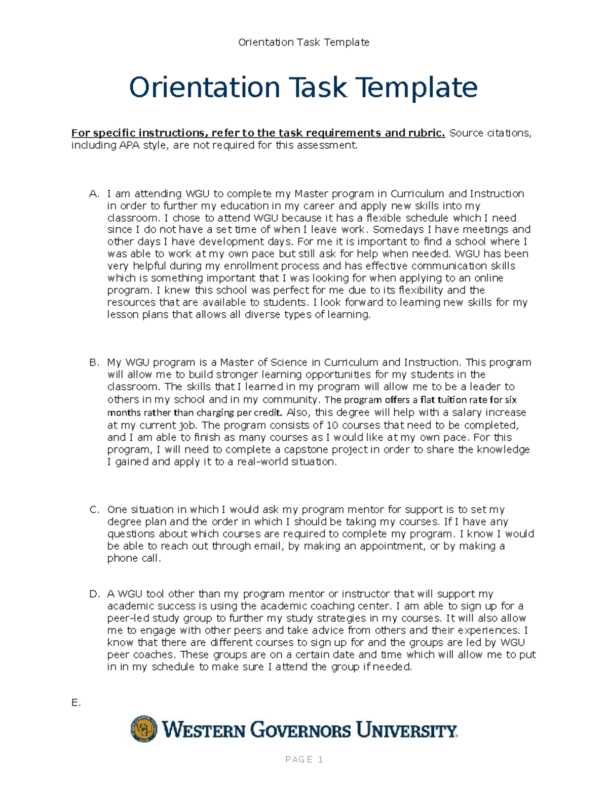 WGU Orientation Task Template for Curriculum & Instruction Program - Studocu
