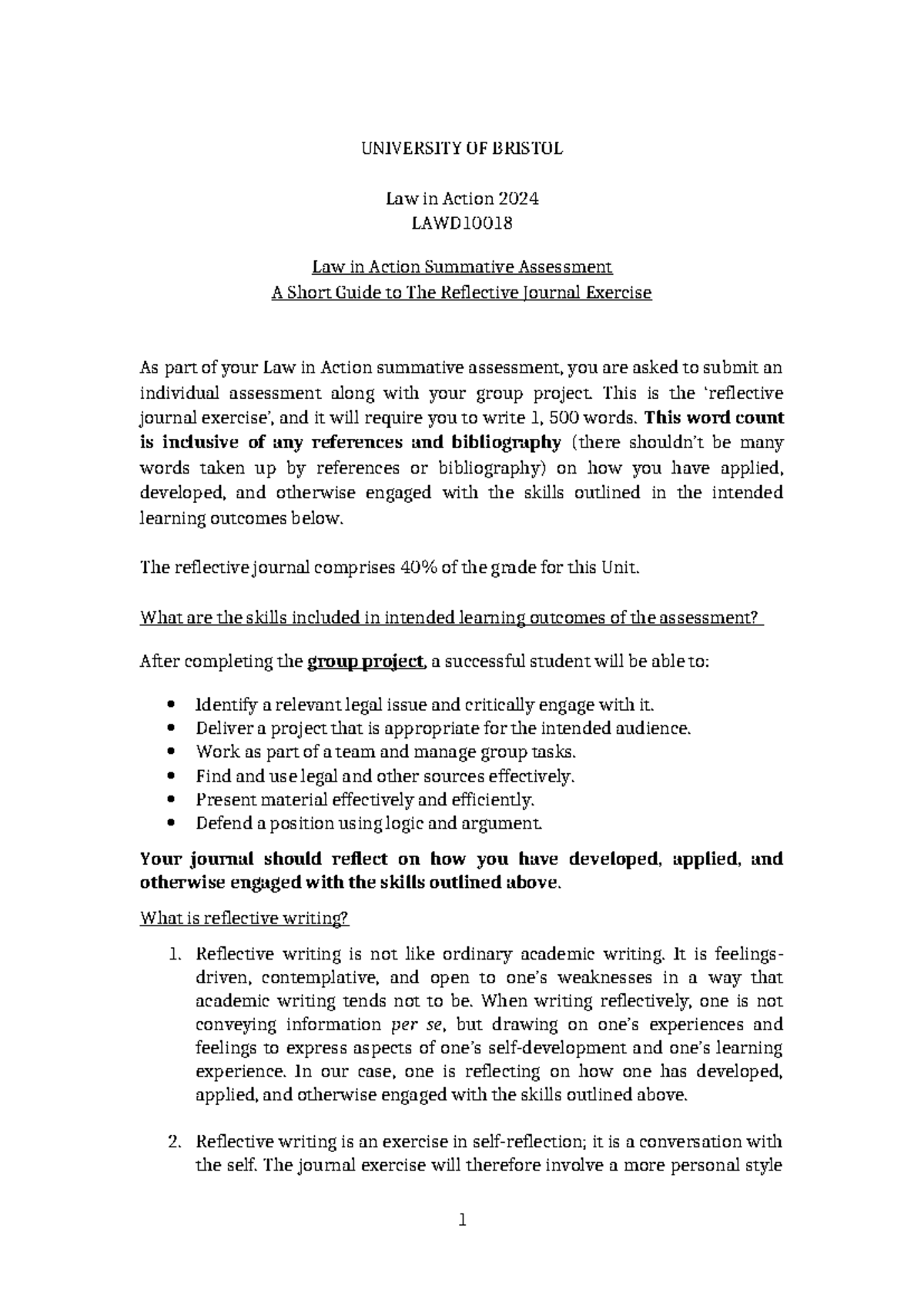 Reflective Journal Exercise Guide for LAWD 2024 Summative Assessment ...