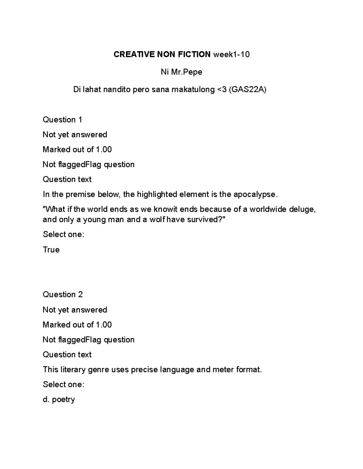 Creative Non-Fiction Notes: Weeks 1-10 (GAS22A) - Studocu