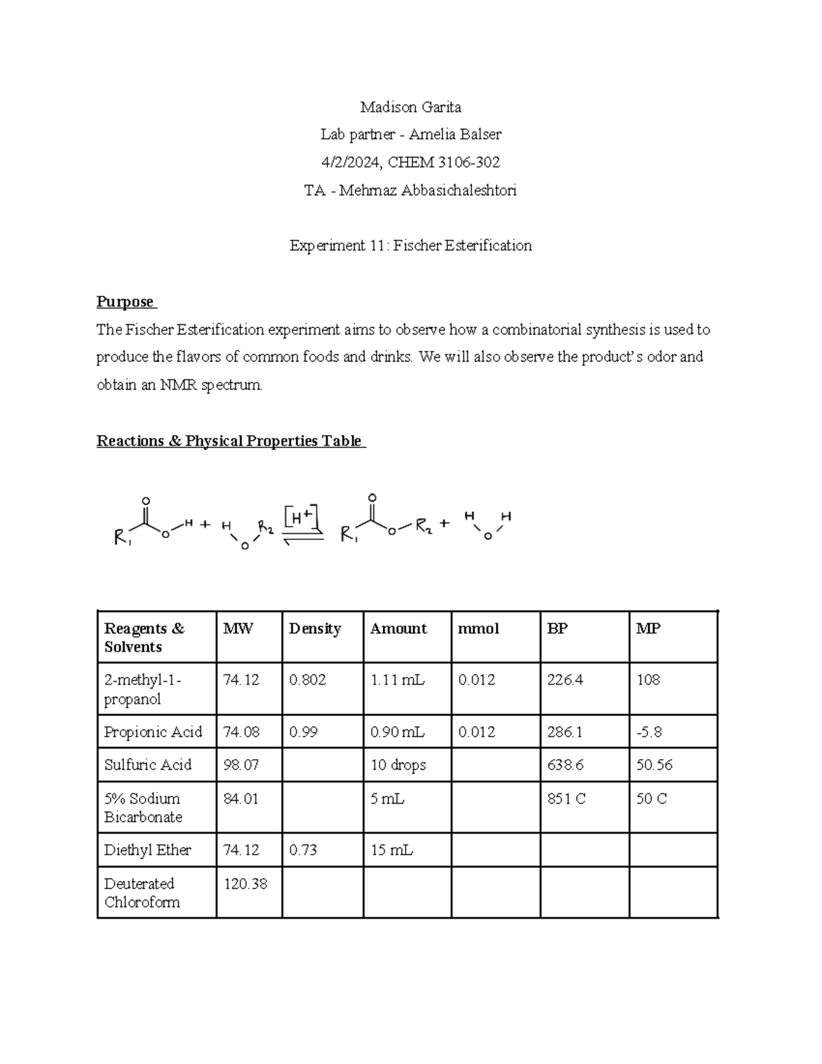 CHEM 3106 Lab Report 11: Fischer Esterification Experiment Analysis ...