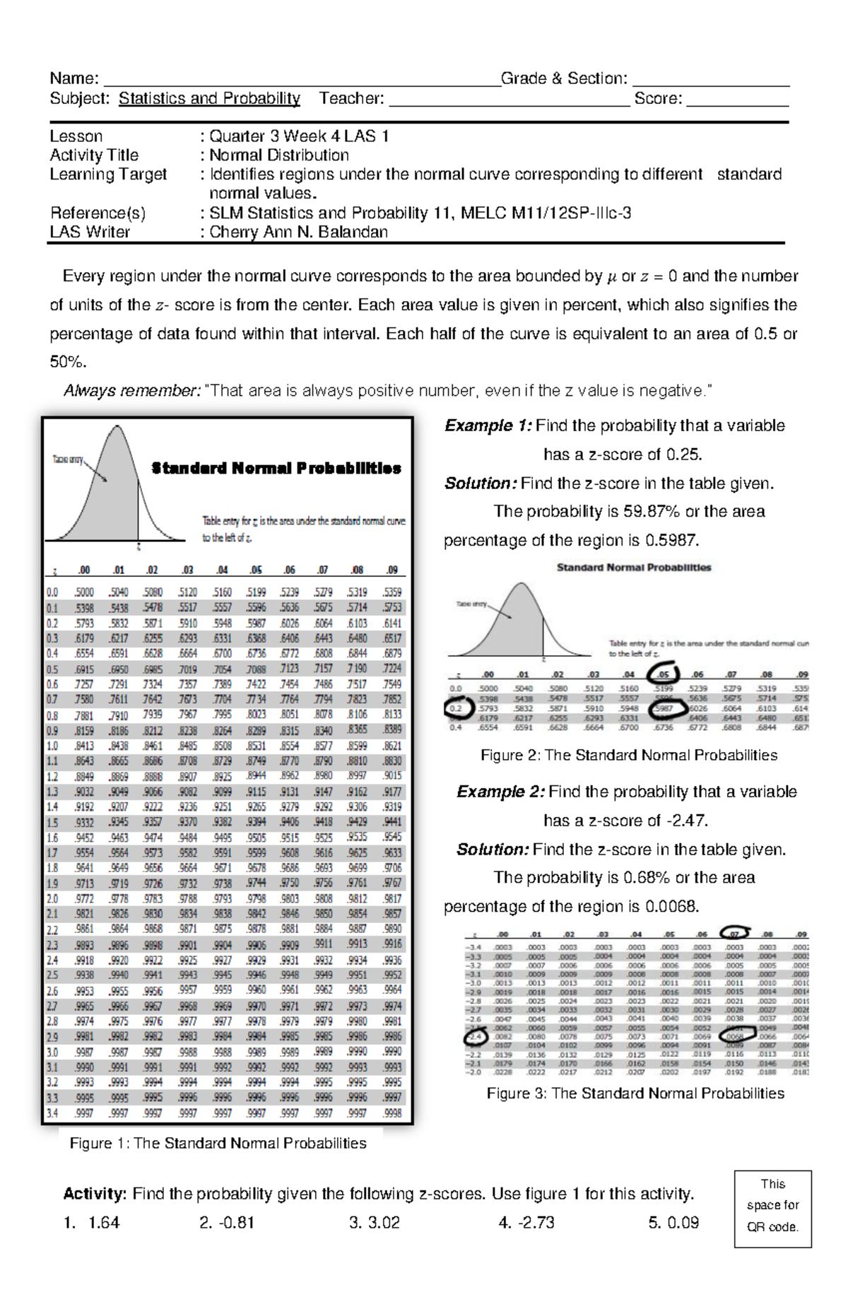 Q3W4 LAS 1: Normal Distribution & Z-Score Probabilities - Studocu