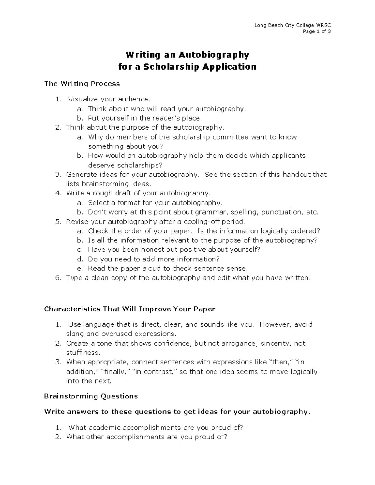 Writing an Autobiography for Scholarship Application (WRSC) - Studocu