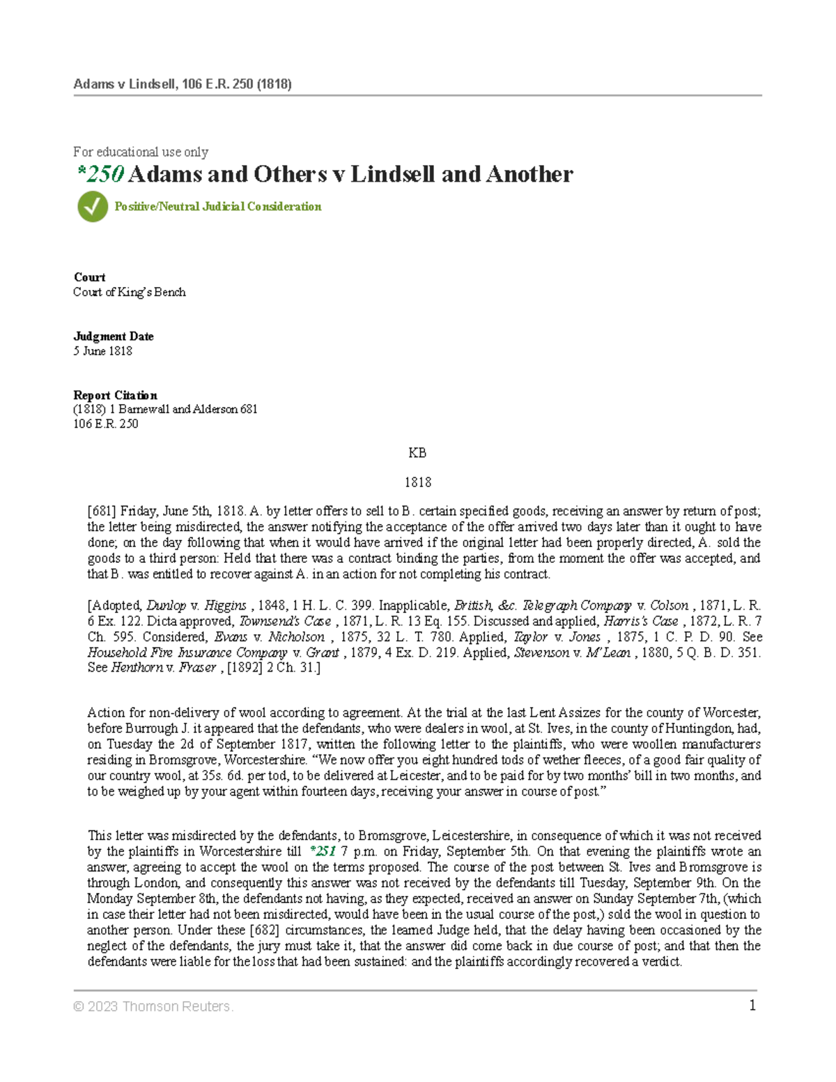 Adams v Lindsell Case Study: Analysis of the Postal Rule (1818) - Studocu