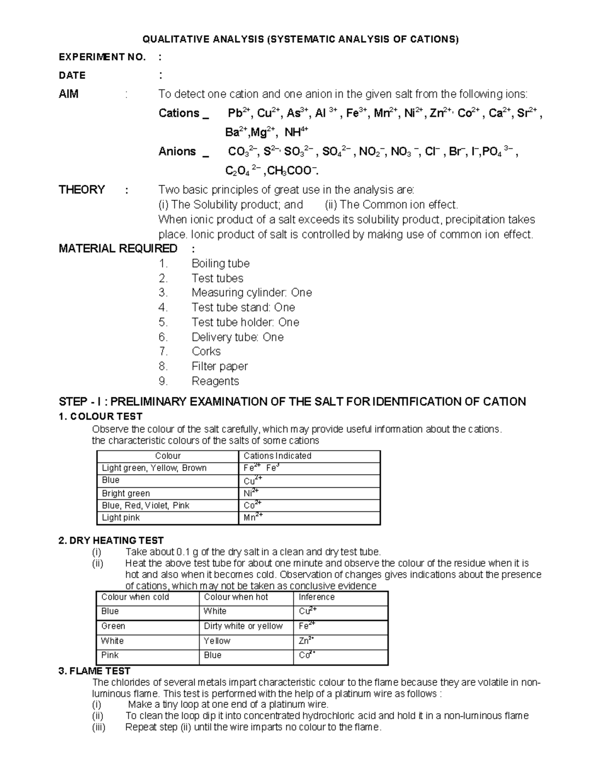 Systematic Analysis of Cations: Experiment No. 4 - Studocu