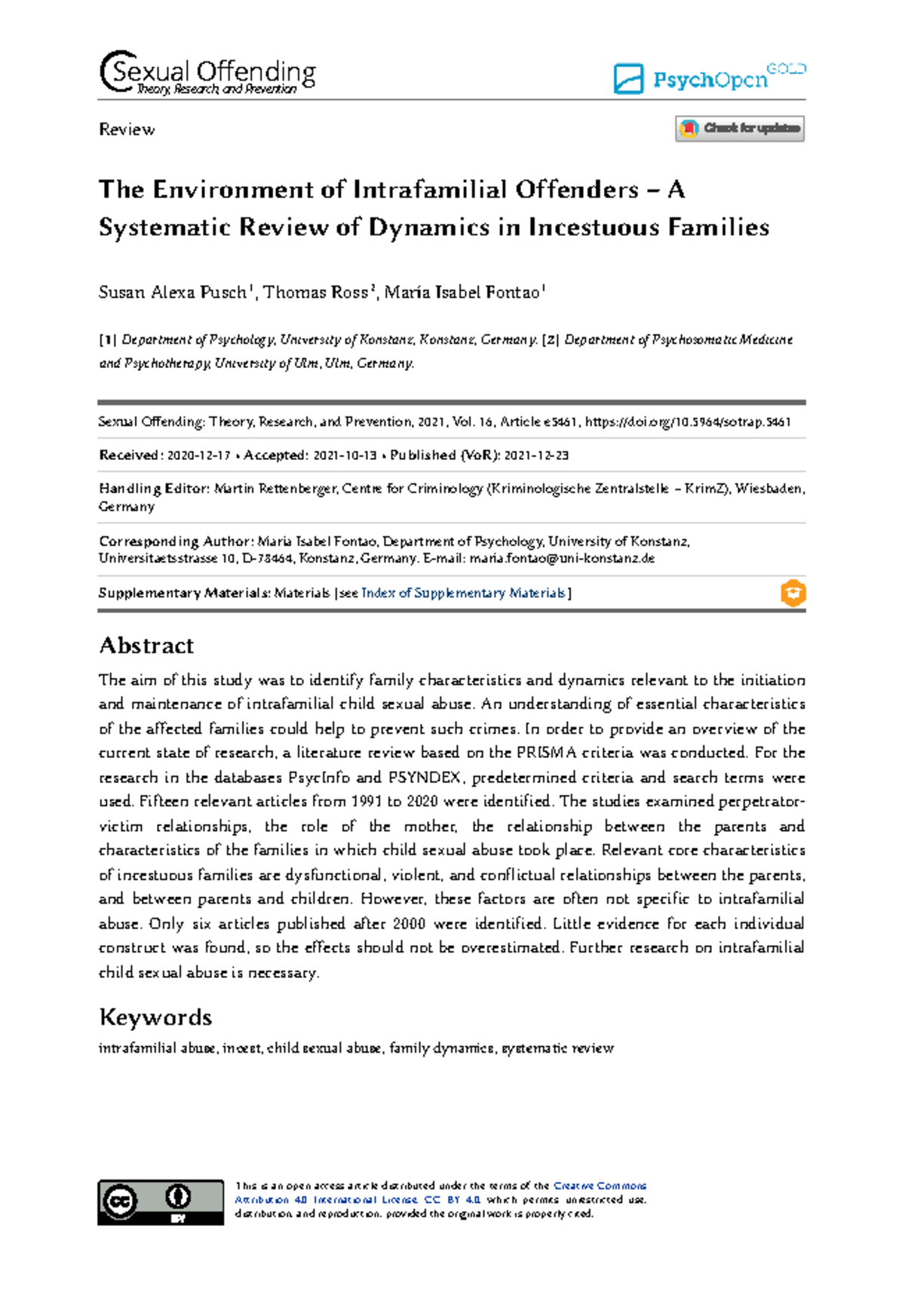 Systematic Review of Intrafamilial Child Sexual Abuse Dynamics (SOTRAP ...