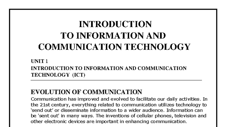 Lesson 1: Introduction to ICT and Its Evolution - Studocu