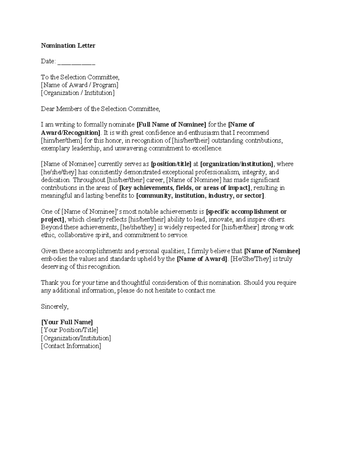 Sample Nomination Letter for Award Consideration - Studocu