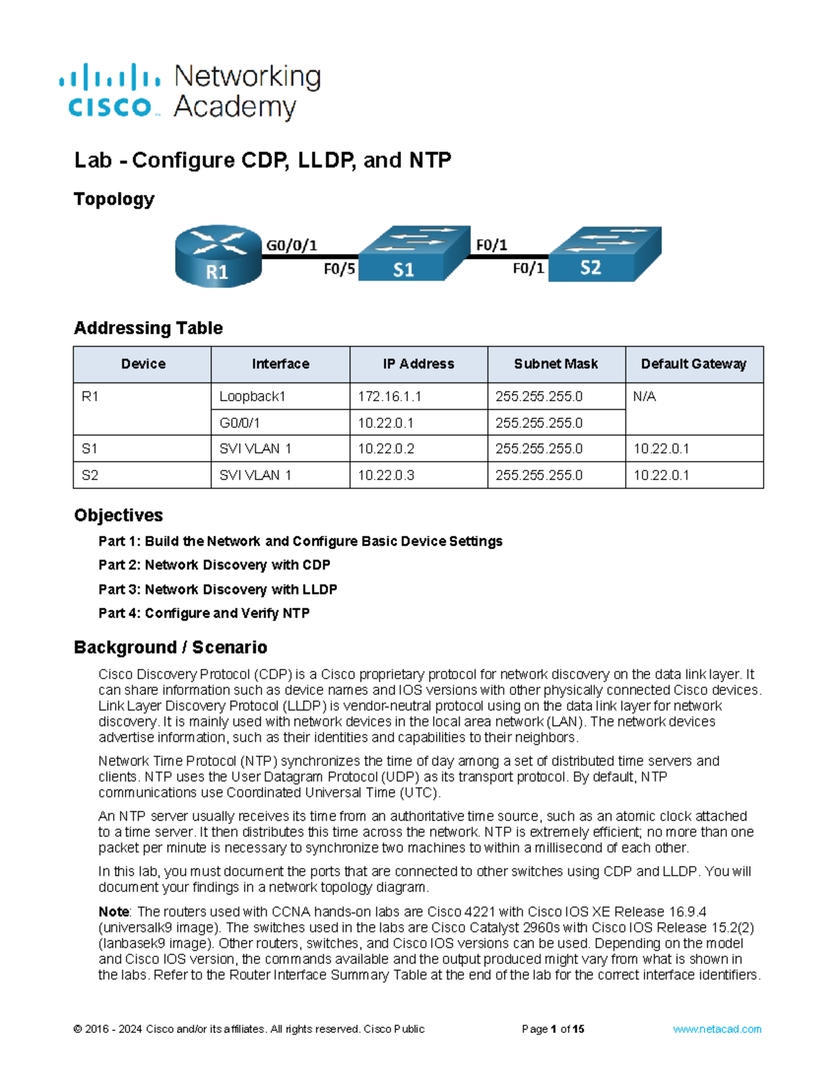 CCNA Lab 10.8.2: CDP, LLDP, and NTP Configuration Guide - Studocu