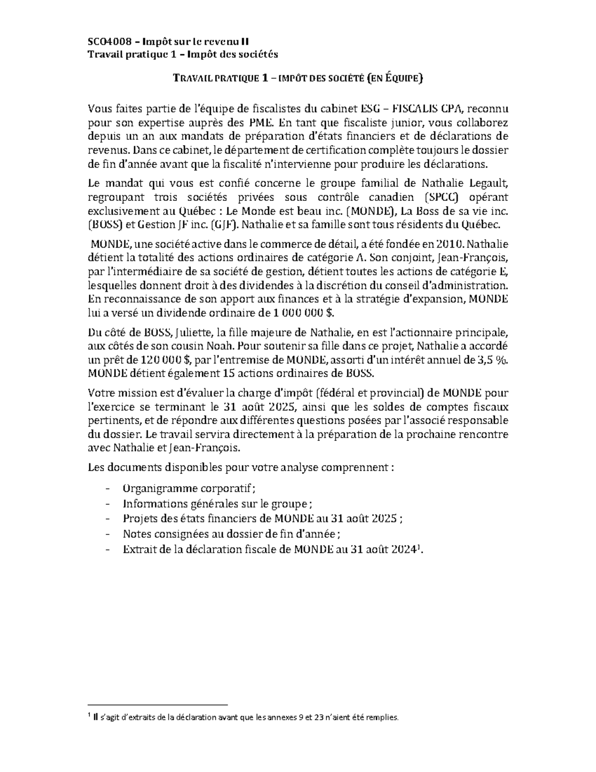 SCO4008 Impôt sur le revenu II - TP1 : Analyse des Sociétés et ...