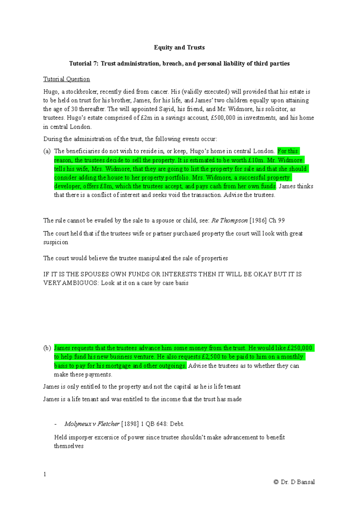 Unit 7, Tutorial - Equity and Trusts Tutorial 7: Trust administration ...