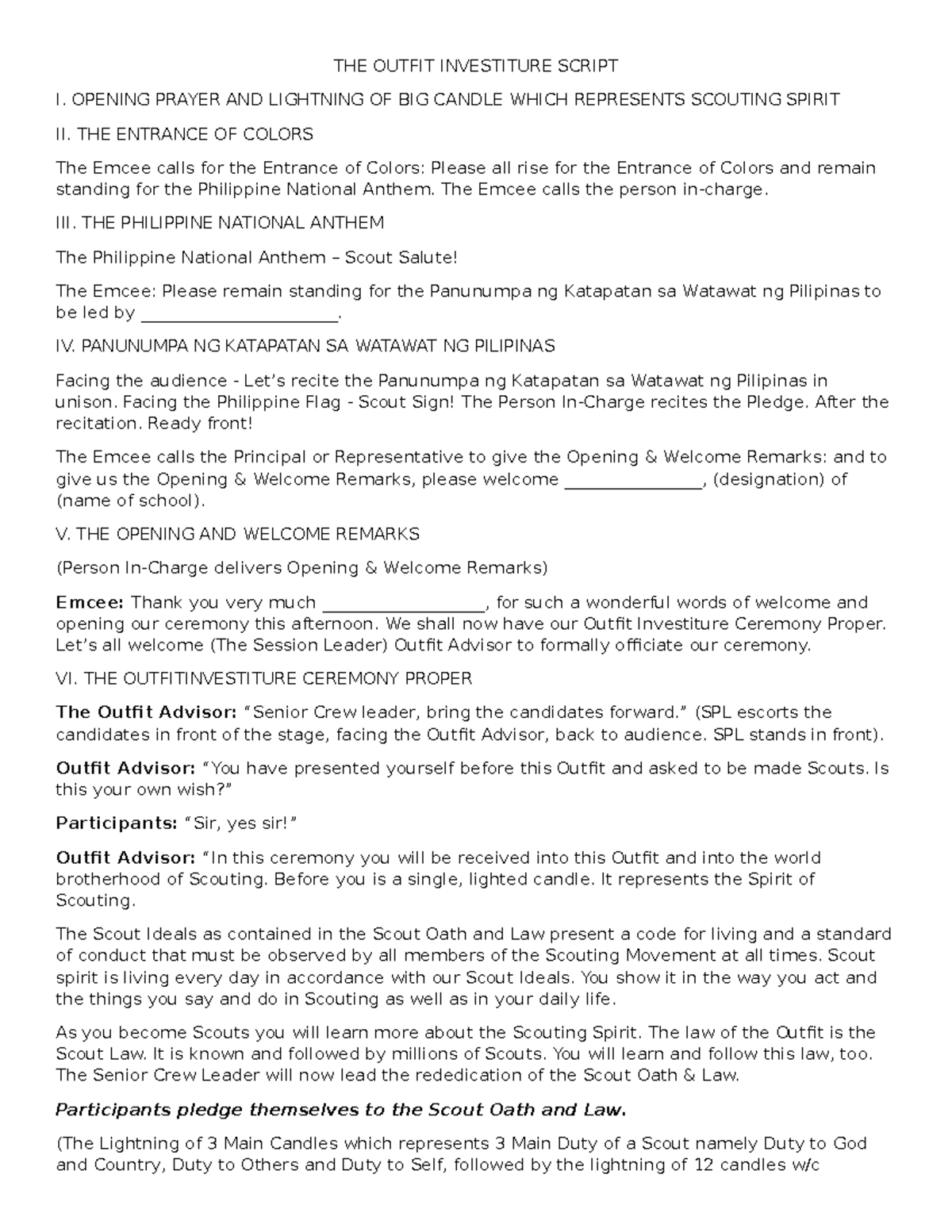 Outfit Investiture Script: Ceremony Flow and Guidelines for Scouts ...