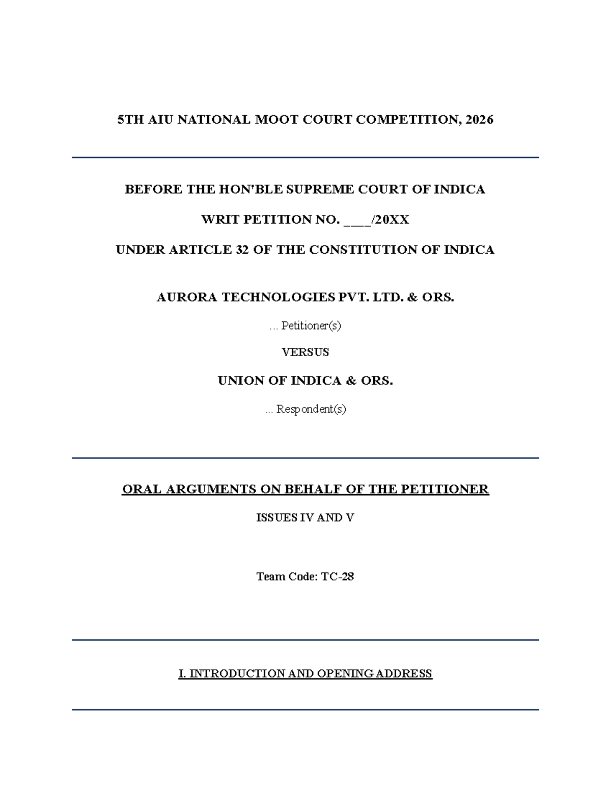 Final Petitioner Arguments for 5TH AIU National Moot Court Competition ...
