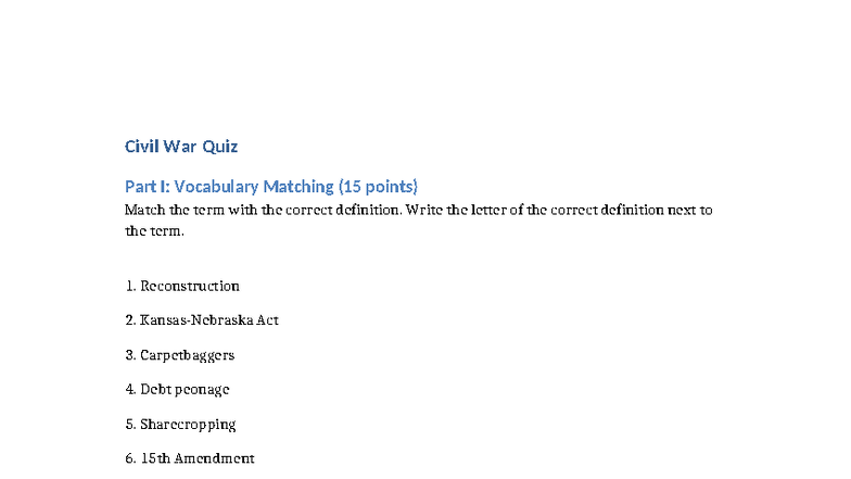 Civil War Quiz (HIST 101): Vocabulary & Causes (25 points) - Studocu