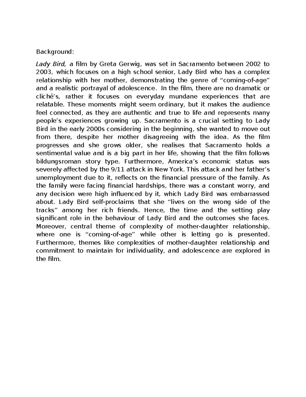 Analyzing Themes and Techniques in Film: Lady Bird (Film Analysis 1 ...