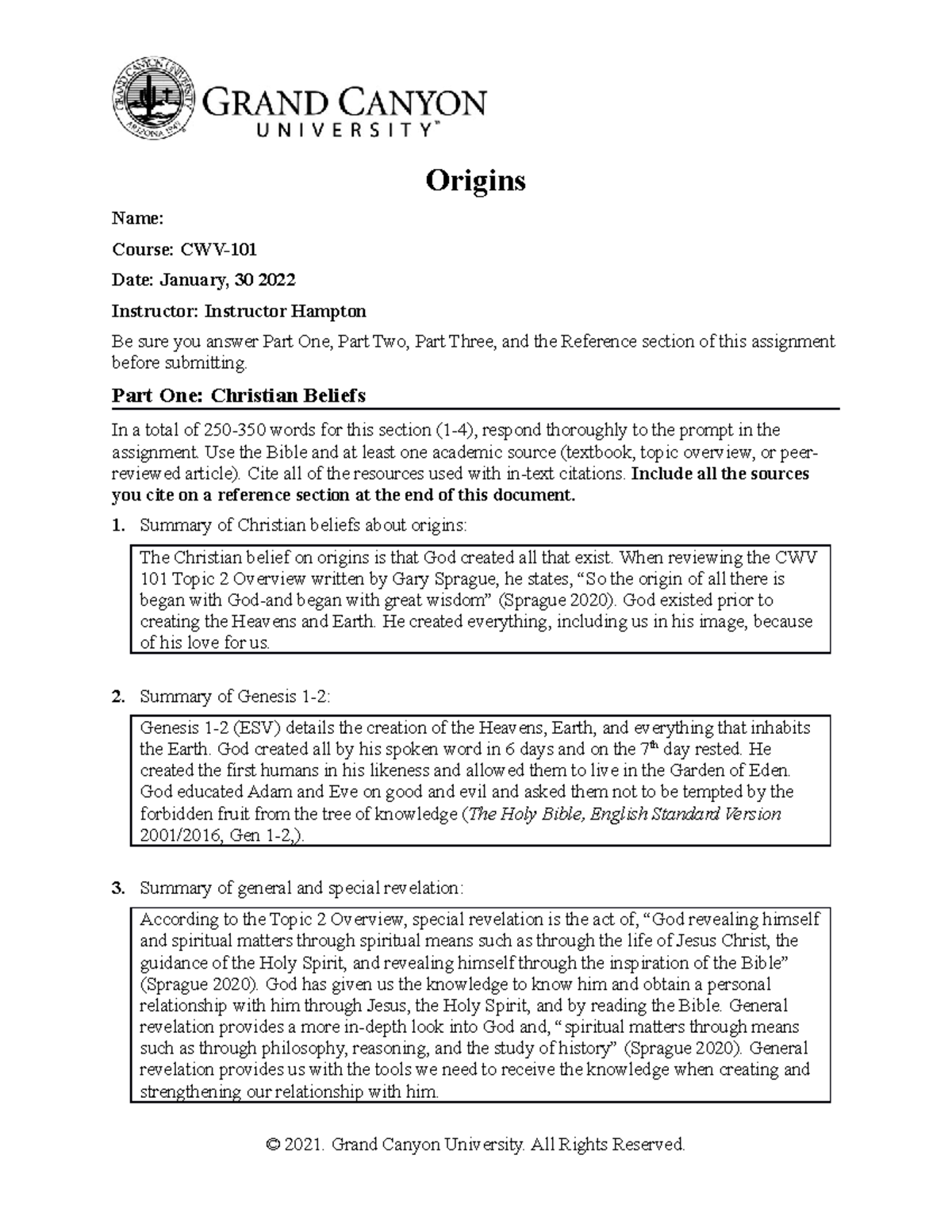 CWV-101 Essay on Christian Perspectives of Origins and Beliefs - Studocu